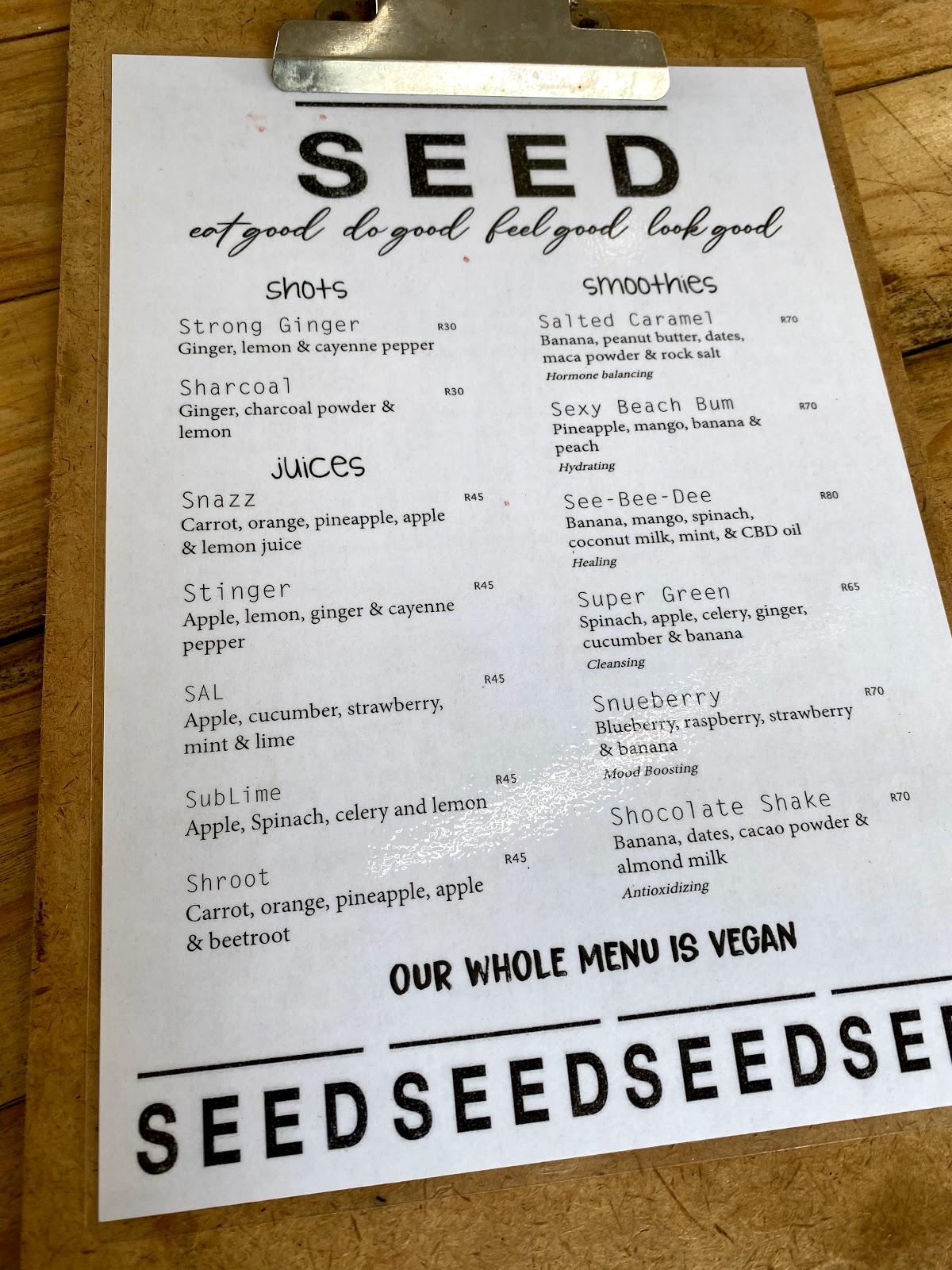 Menu at SEED health bar (Glen Ashley), Umhlanga