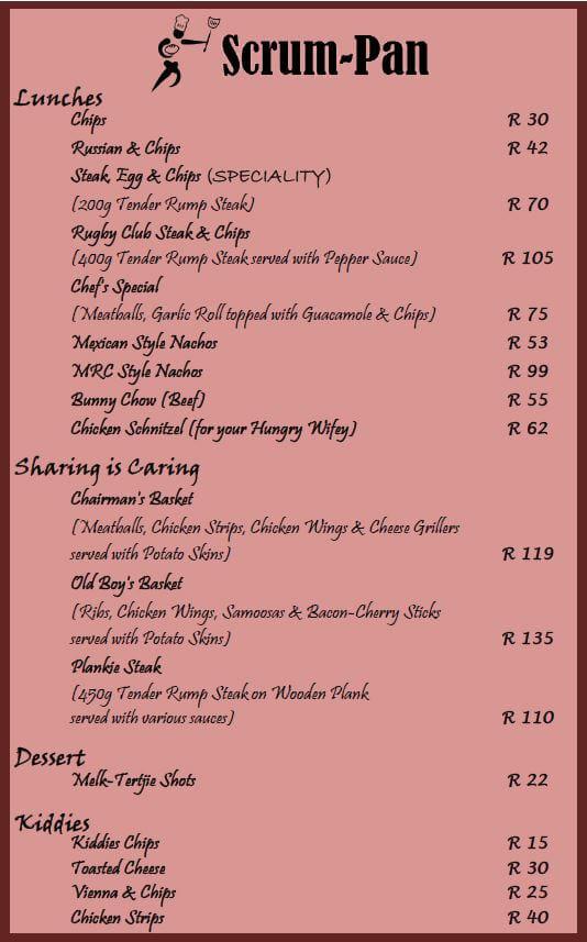 Menu at Scrum-Pan pub & bar, Middelburg