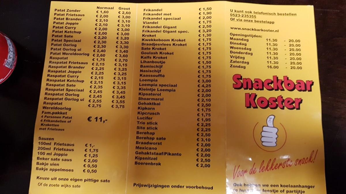 Menu at Snackbar Koster, Hardenberg