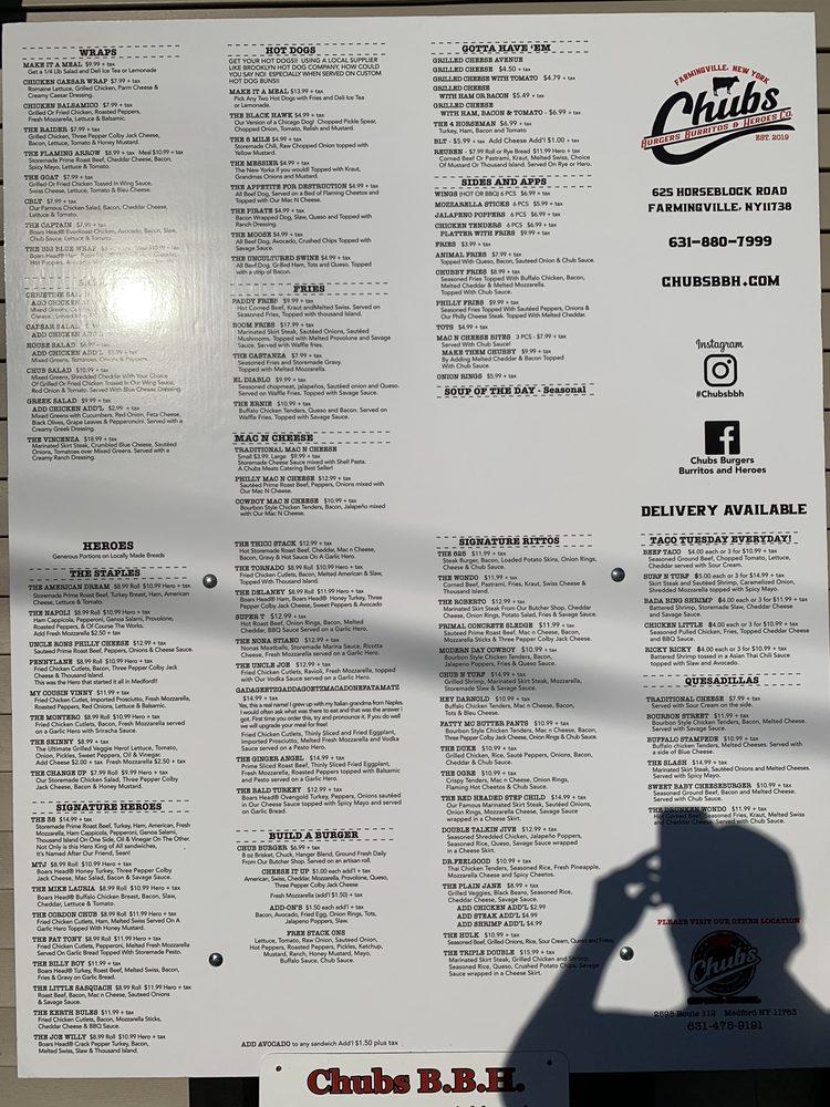 Menu at Chubs Burgers Burritos and Heroes restaurant, Farmingville
