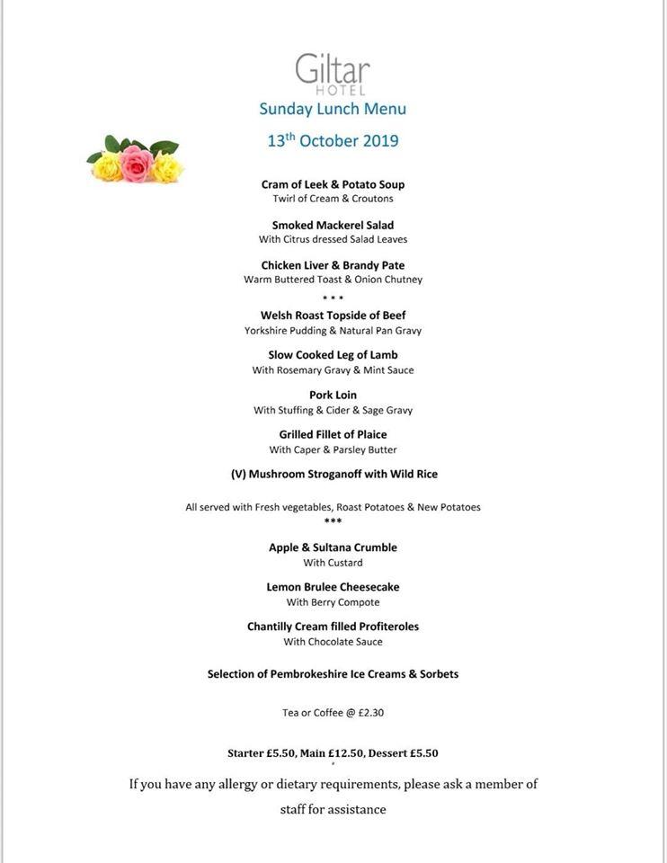 Menu at Giltar Hotel restaurant, Tenby