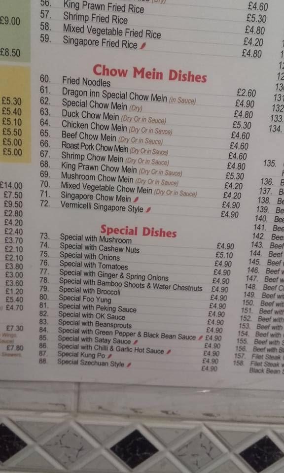Menu at New Dragon Inn restaurant, Chesterfield