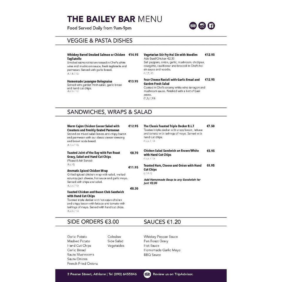 Menu at The Bailey Bar & Lounge, Athlone, Athlone