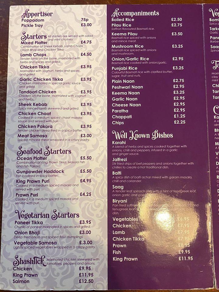 Menu at Zolsha restaurant, Howden
