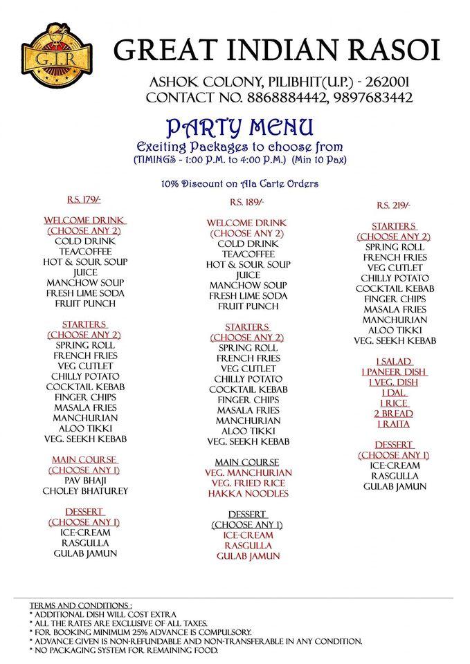 Menu at Great Indian Rasoi, Pilibhit