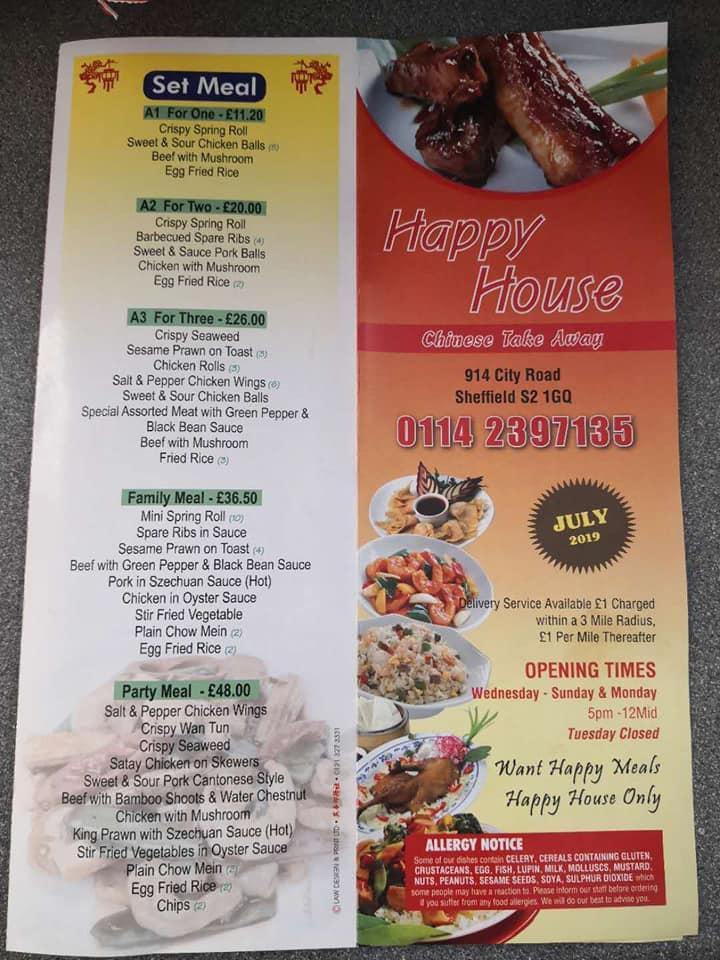 Menu at Happy House fast food, Sheffield, 914 City Rd