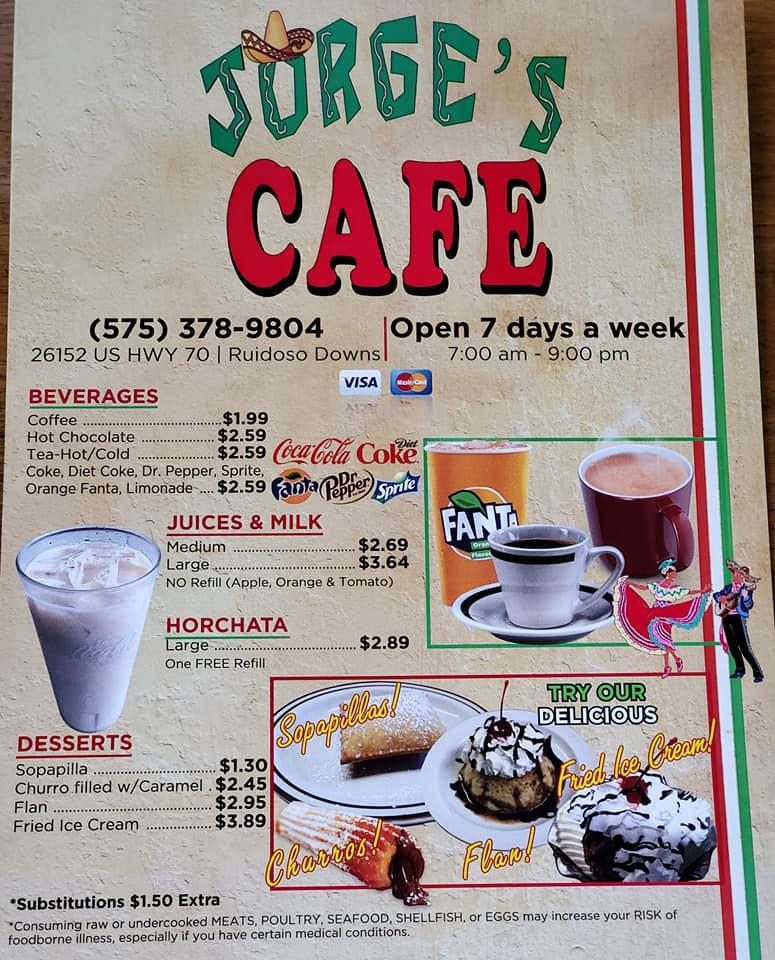Menu at Jorge's Cafe, Ruidoso Downs, US-70