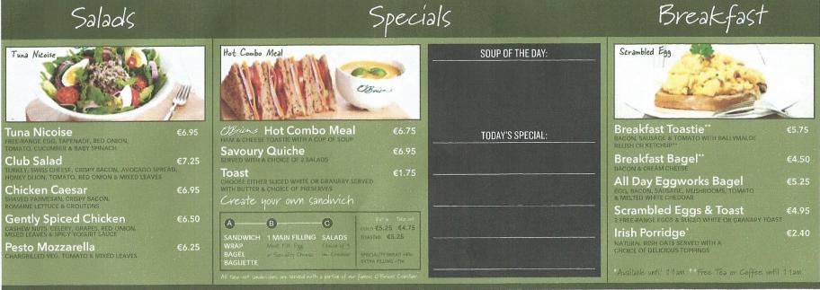 Menu at O'Briens cafe, Dublin, Unit A1