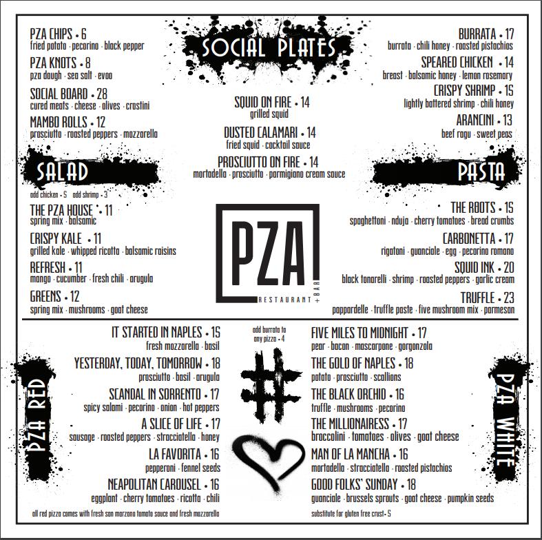 Menu at PZA Restaurant, Vaughan