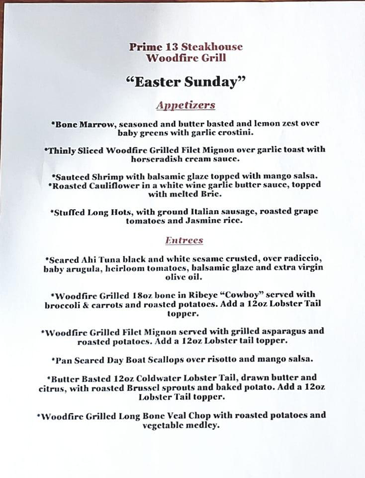 Menu at Prime 13 steakhouse, Point Pleasant Beach