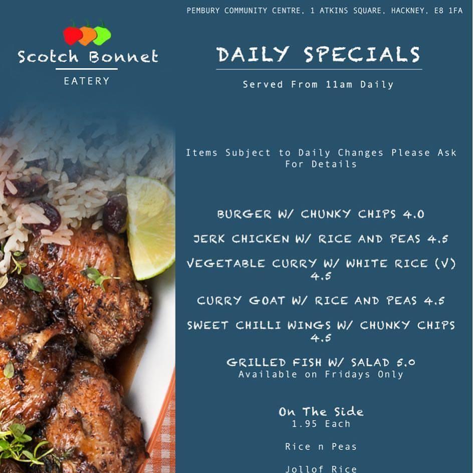 Carta del restaurante Scotch Bonnet Eatery, Londres, 103 Streatham Hill