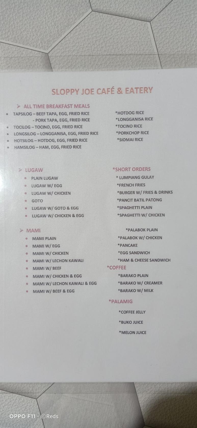 Menu at Sloppy Joe Cafe, Baguio