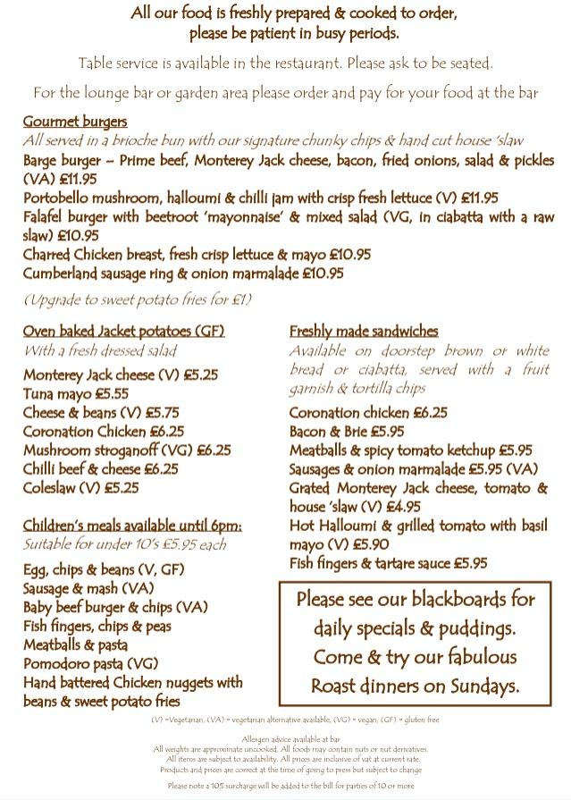 Menu at The Old Barge, Hertford