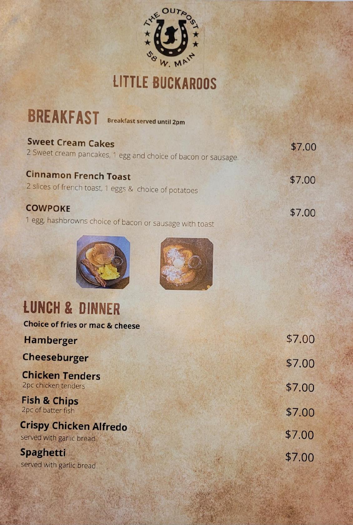Menu at The Outpost restaurant, Grantsville