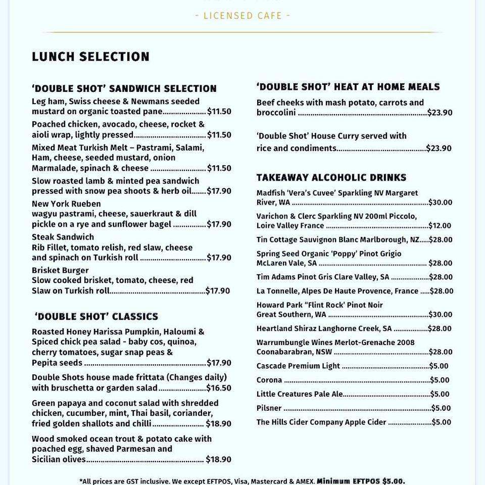 Menu at Double Shot New Farm restaurant, New Farm, 2/125 Oxlade Dr