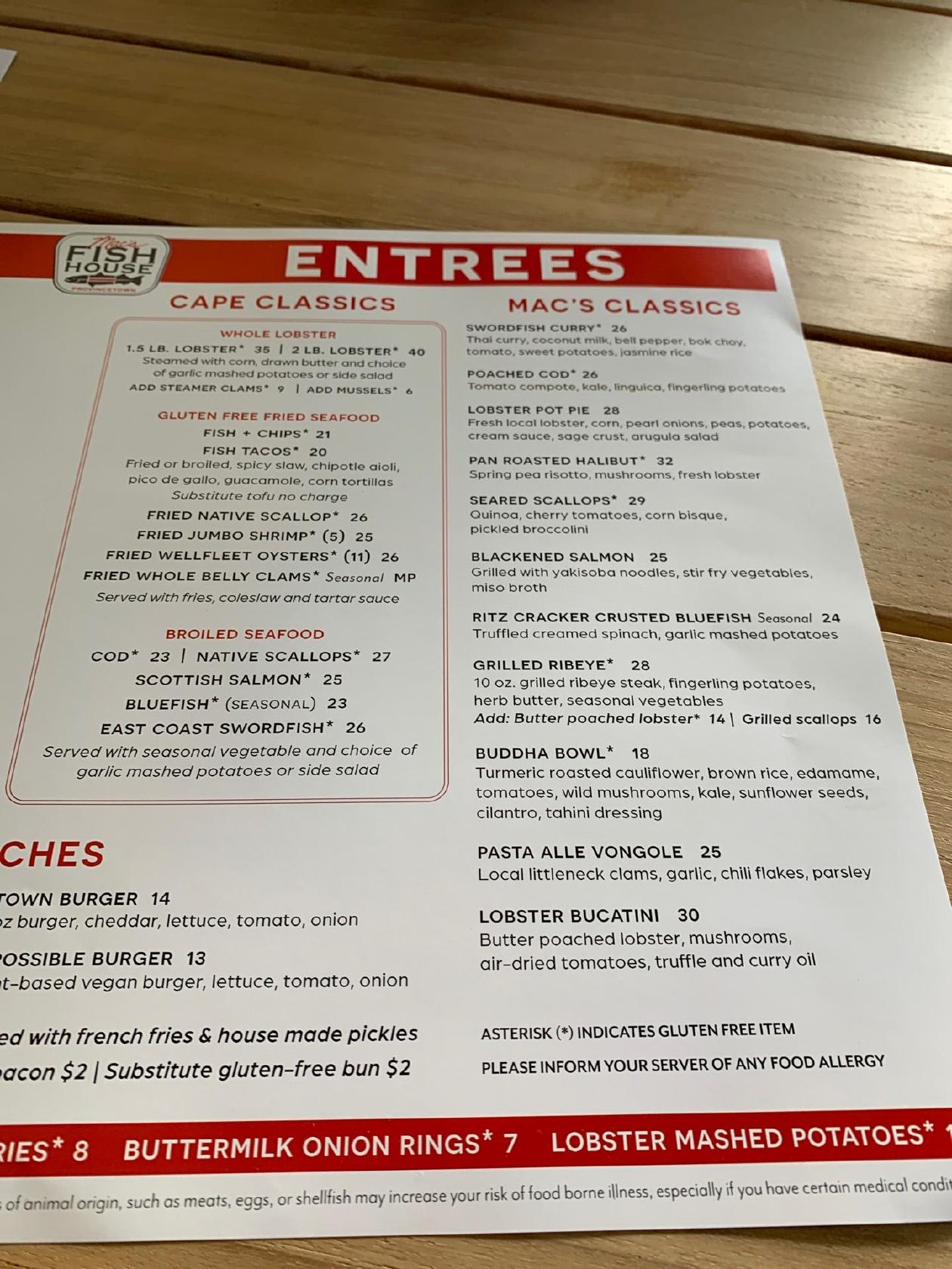 Menu at Mac's Fish House Provincetown pub & bar, Provincetown