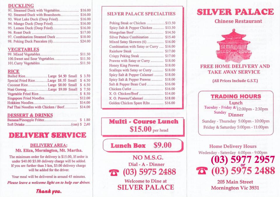 Menu at Silver Palace restaurant, Mornington