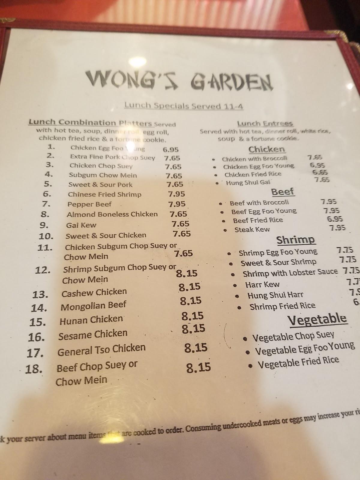 Menu at Wong's Garden restaurant, Saint Clair Shores