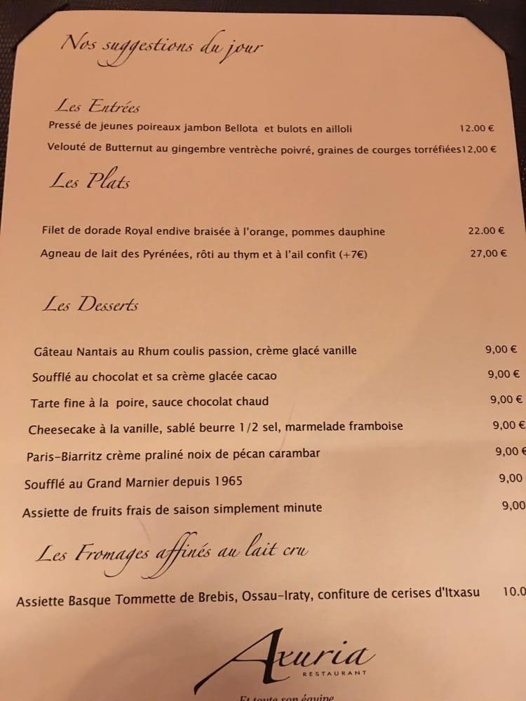 Menu au Axuria restaurant, Paris, 54 Av. Félix Faure