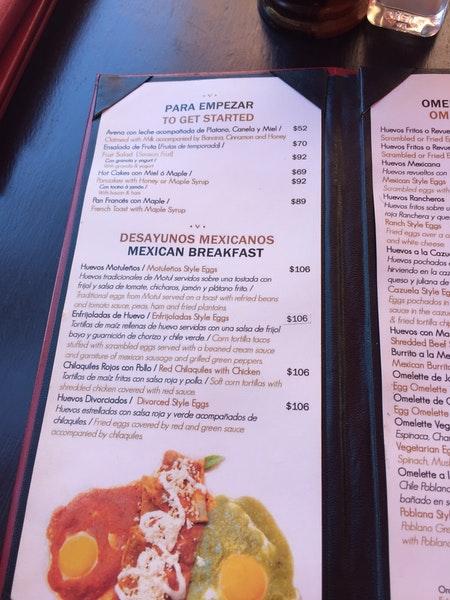 Menu at Bucaneros restaurant, Isla Mujeres