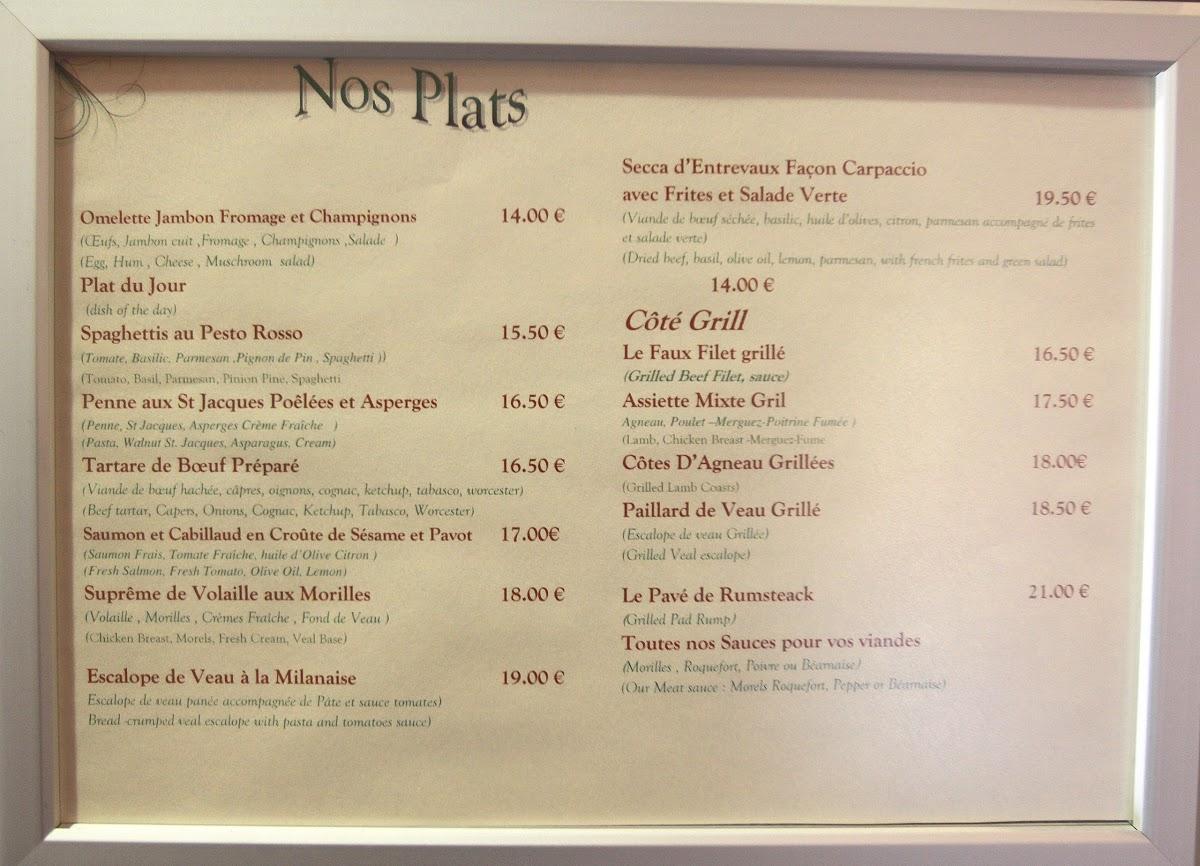 Menu at Chez Pierre, Carros