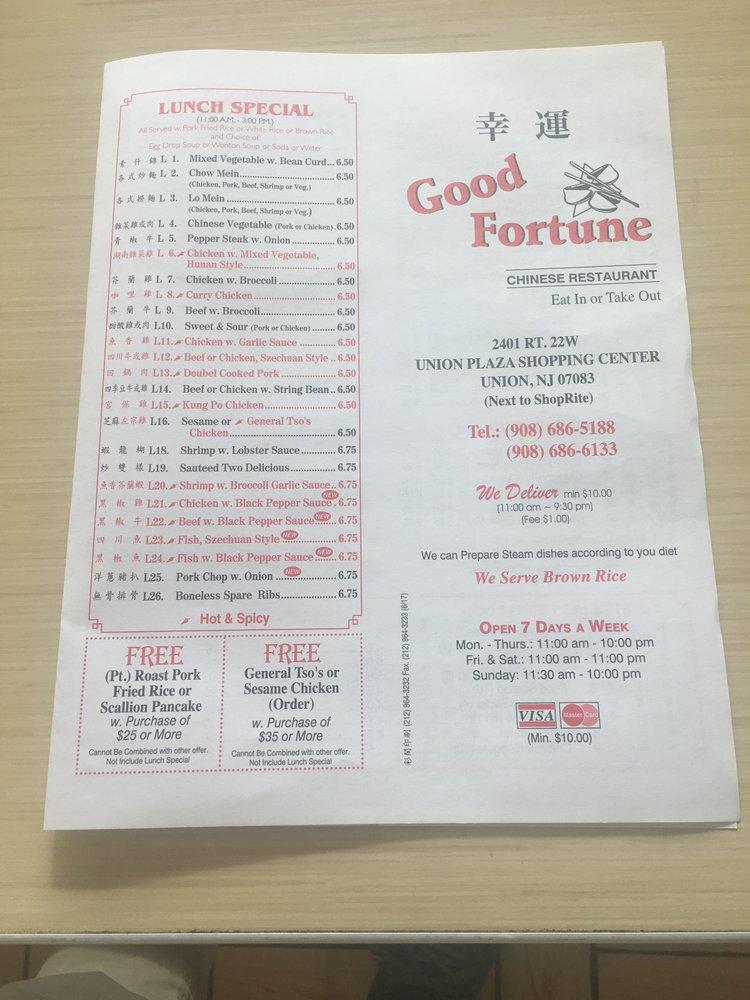 Menu at Good Fortune Chinese Restaurant, Union, US-22 West