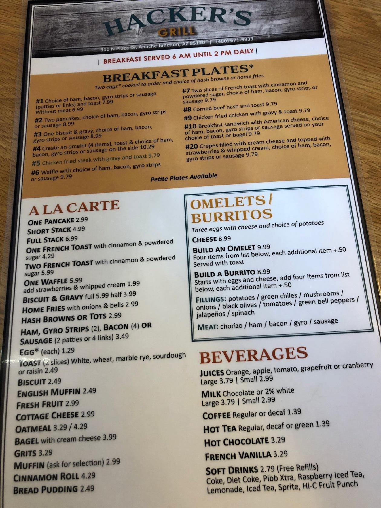 Menu at Hacker's Grill restaurant, Apache Junction