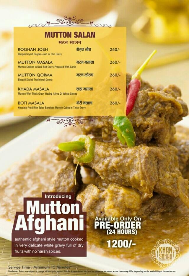 Menu at Khan Sahab Restaurant, Bhopal
