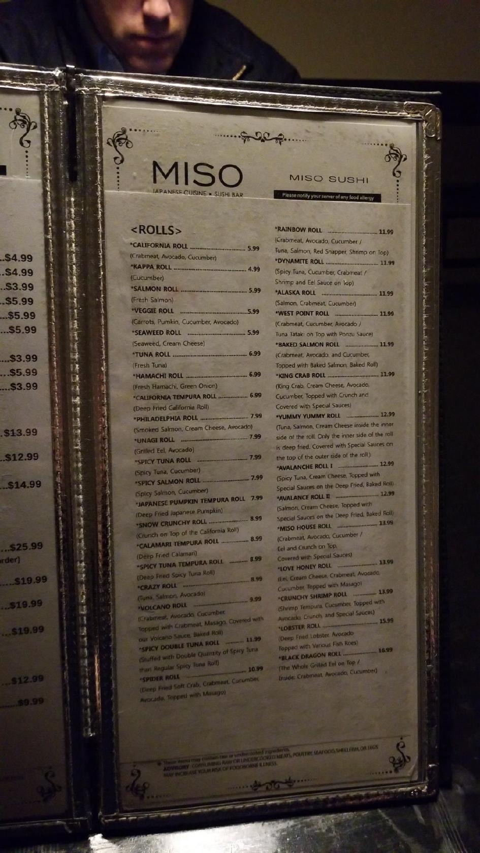 Menu at Miso Sushi House restaurant, West Point