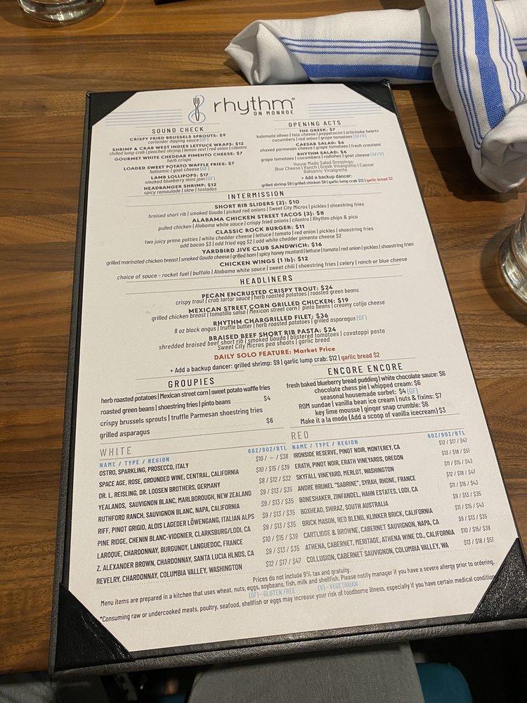 Menu at Rhythm on Monroe pub & bar, Huntsville