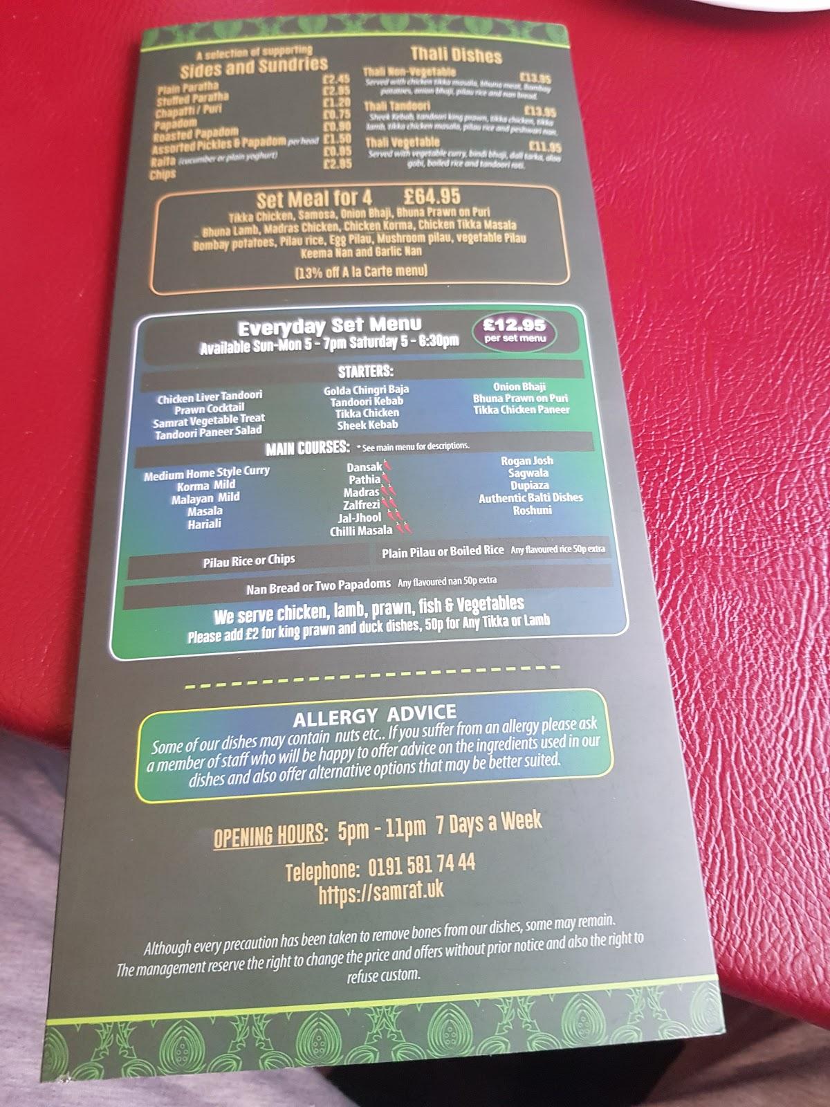 Menu at Samrat Indian Dining Room & Takeaway restaurant, Seaham