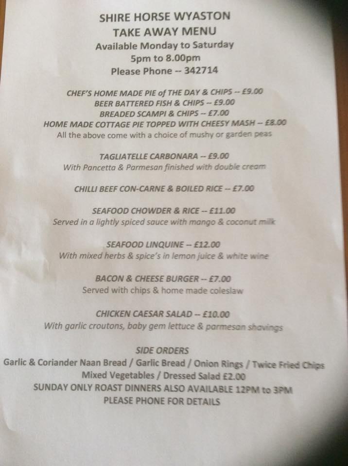 Menu at Shire Horse pub & bar, Ashbourne