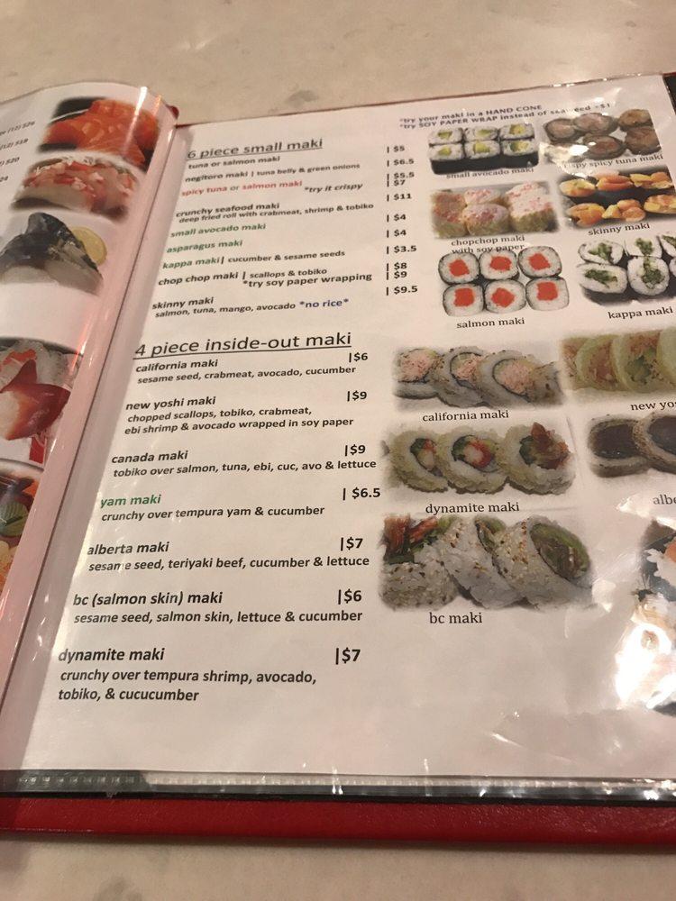 Menu at Yoshi restaurant, Sherwood Park