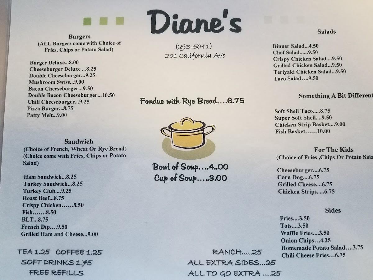 Menu at Diane's restaurant, Libby