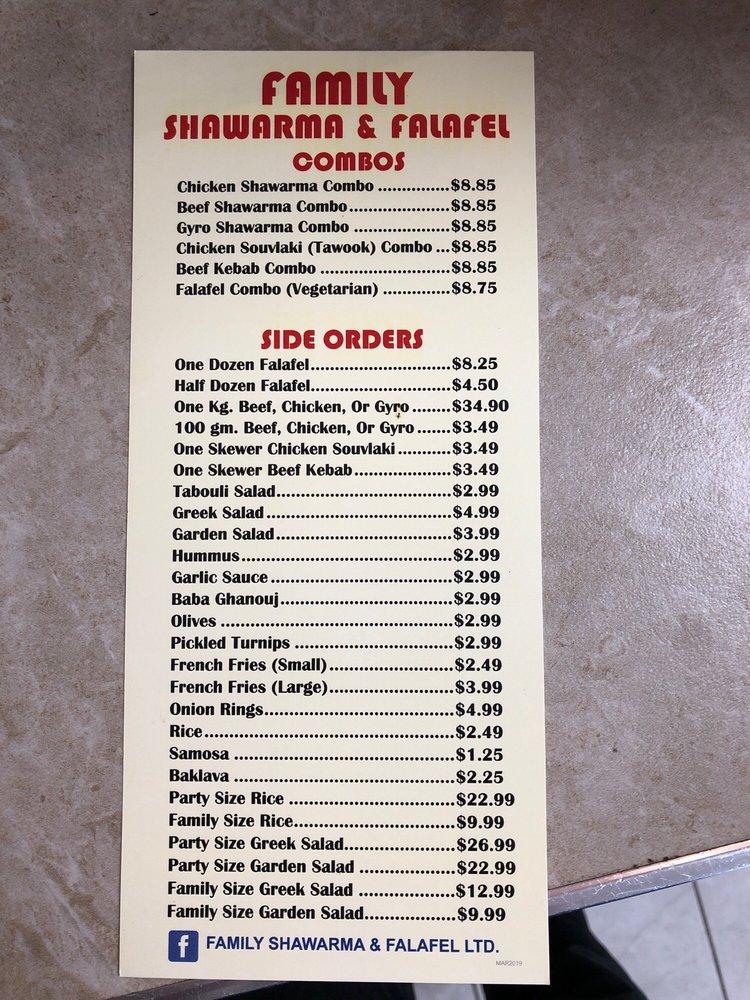 Menu at Family Shawarma & Falafel restaurant, Toronto, Victoria Park Ave