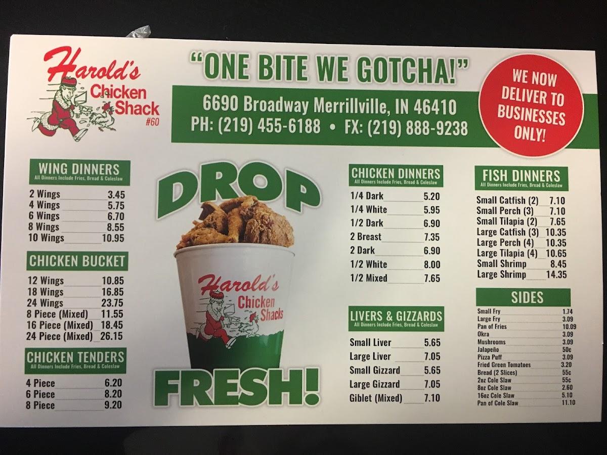 Menu at Harold's Chicken Shack fast food, Merrillville, 6690 Broadway