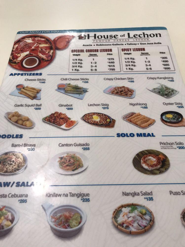 Menu at House of Lechon restaurant, Cebu City, Acacia St