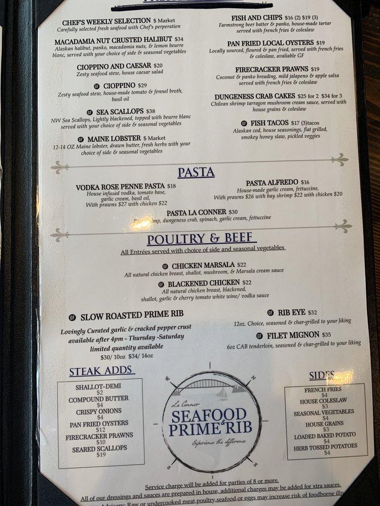 Carta de parrilla La Conner Seafood & Prime Rib House, La Conner