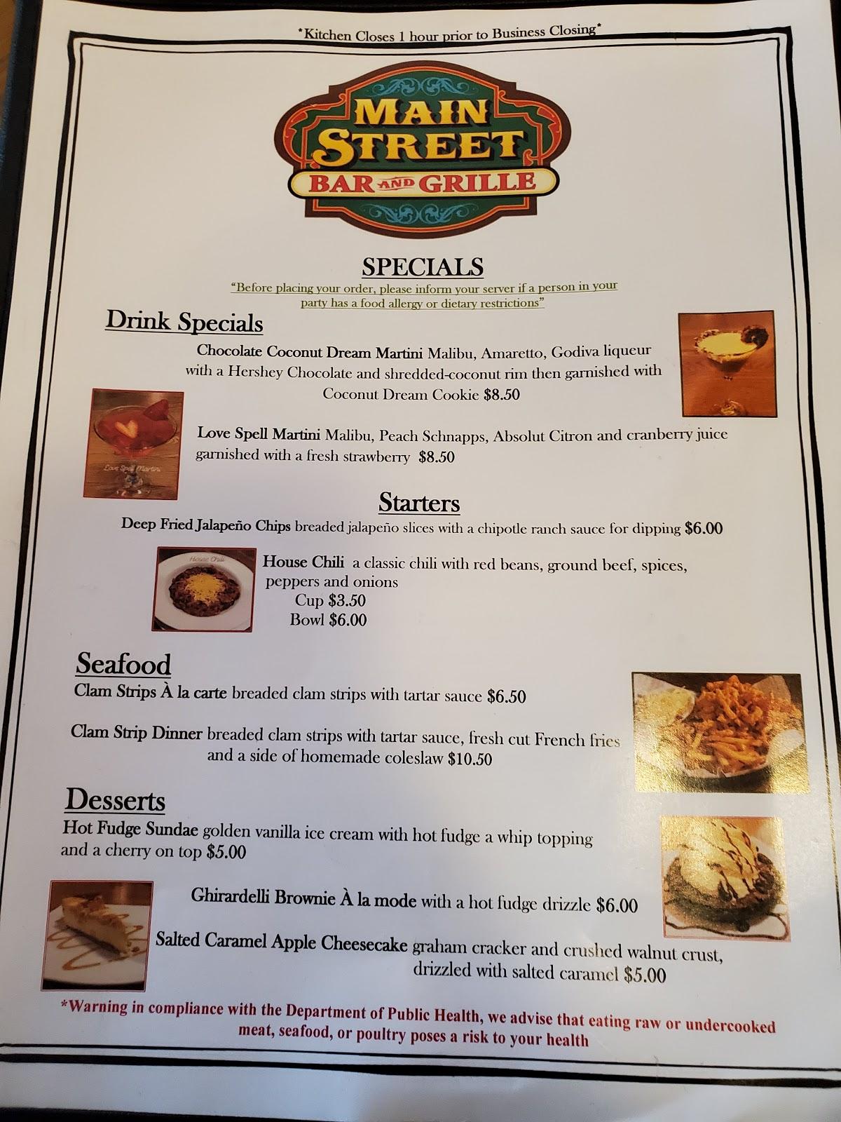Menu at Main Street Bar & Grille, Greenfield