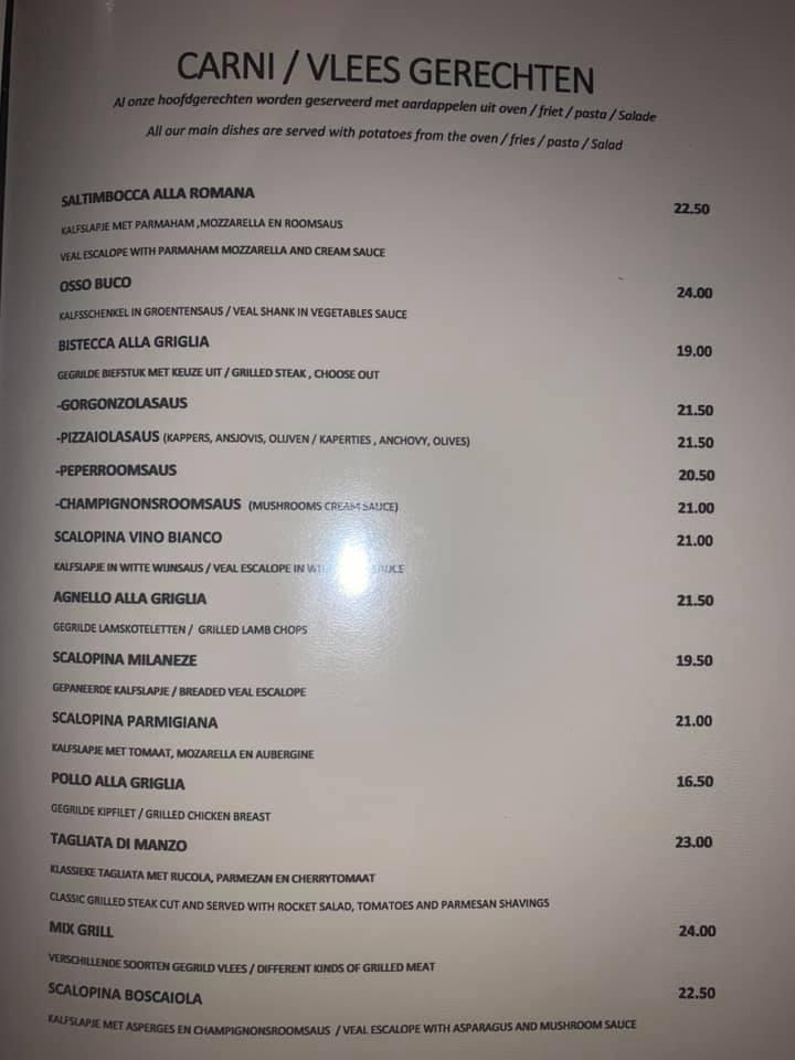 Menu at Sabatino, Antwerp