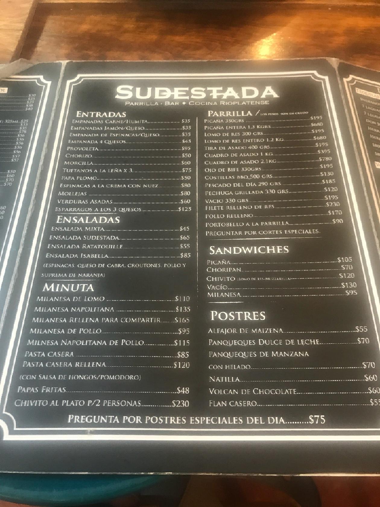 Menu at Sudestada steakhouse, Guadalajara