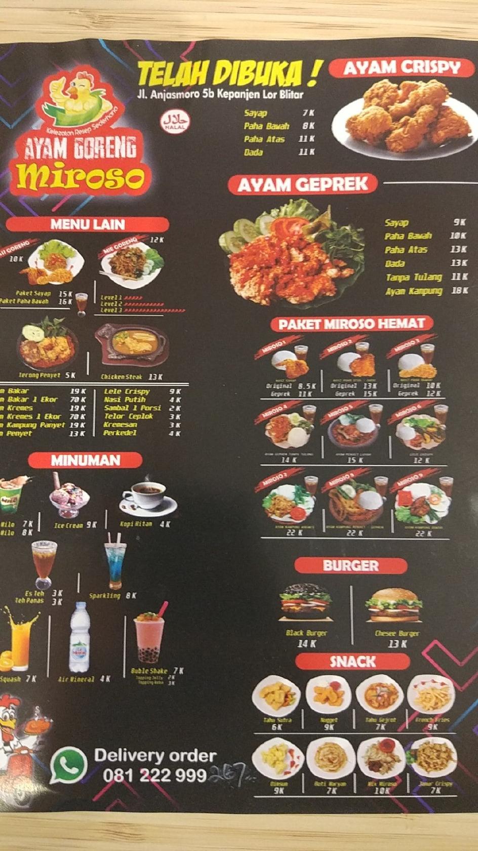 Menu at Ayam Goreng Miroso, Blitar