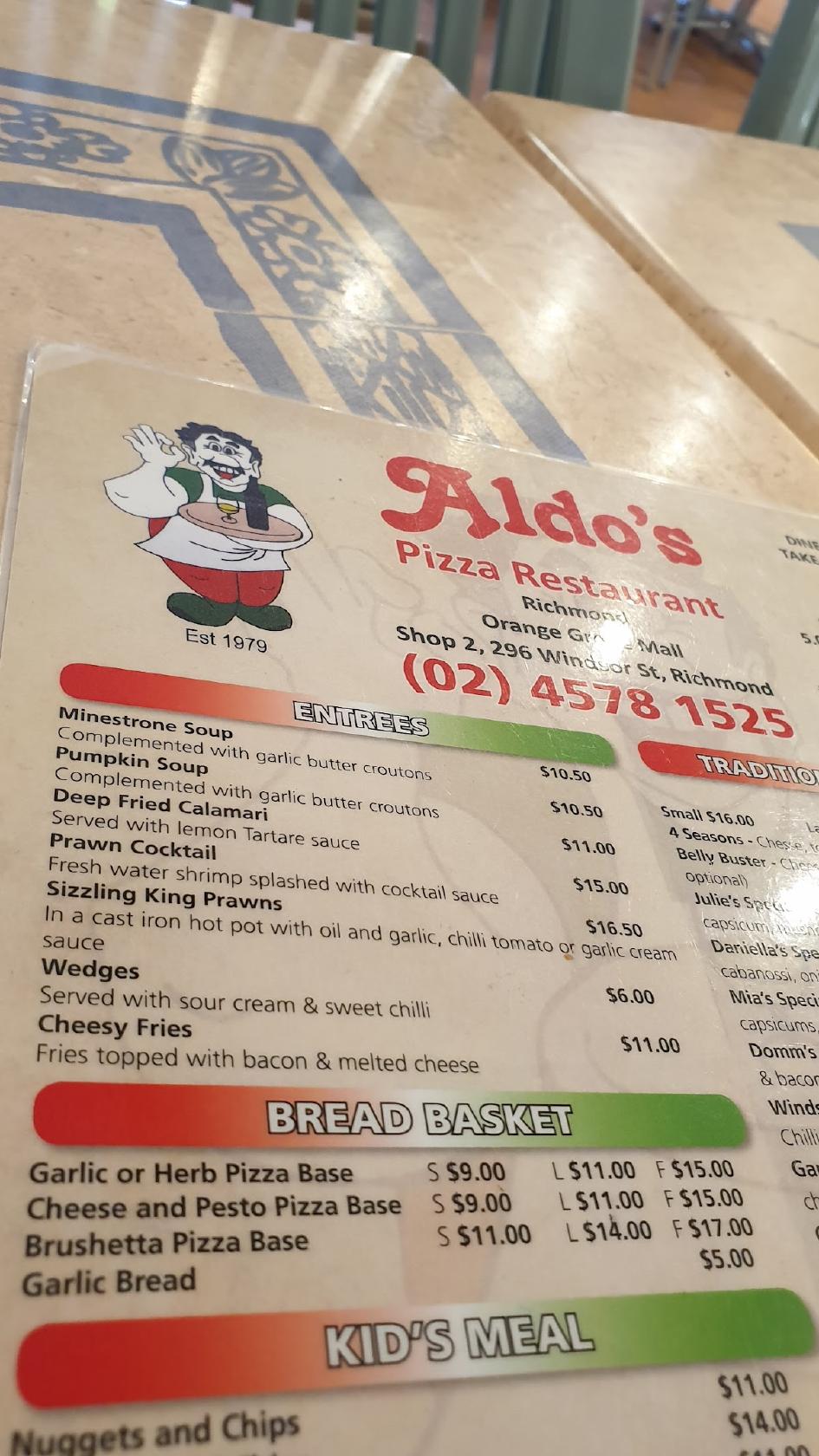 Menu at Aldo's Pizza Restaurant, Richmond