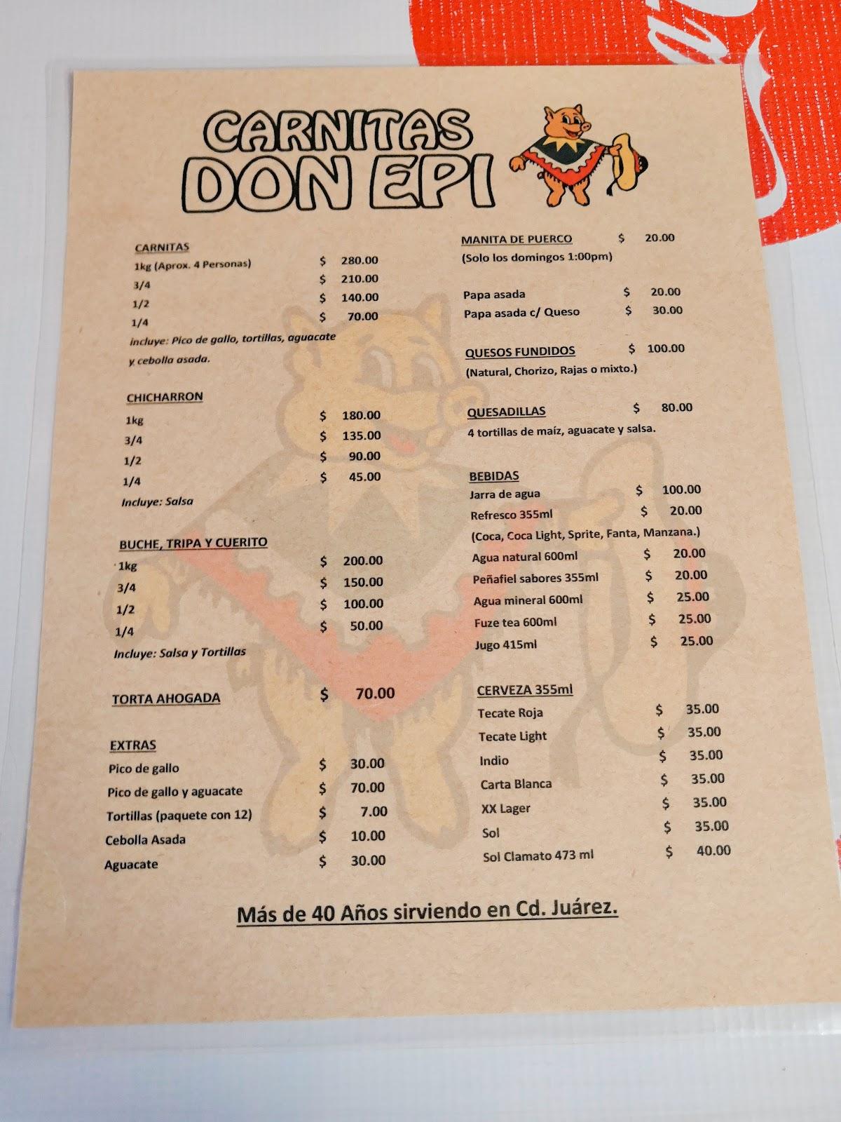 Carta del restaurante Carnitas Don Epi, Ciudad Juarez