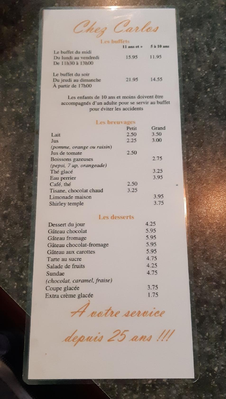Menu au Chez Carlo's Restaurant, Sept-Iles