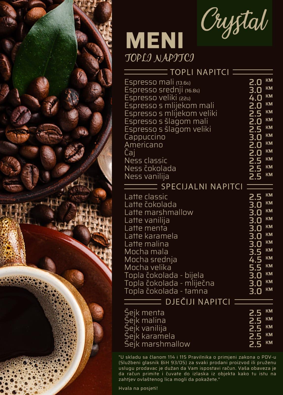 Menu at Crystal cafe, Sarajevo