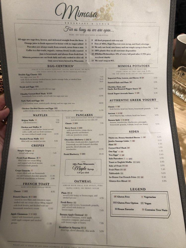 Menu at Mimosa restaurant, Brookfield