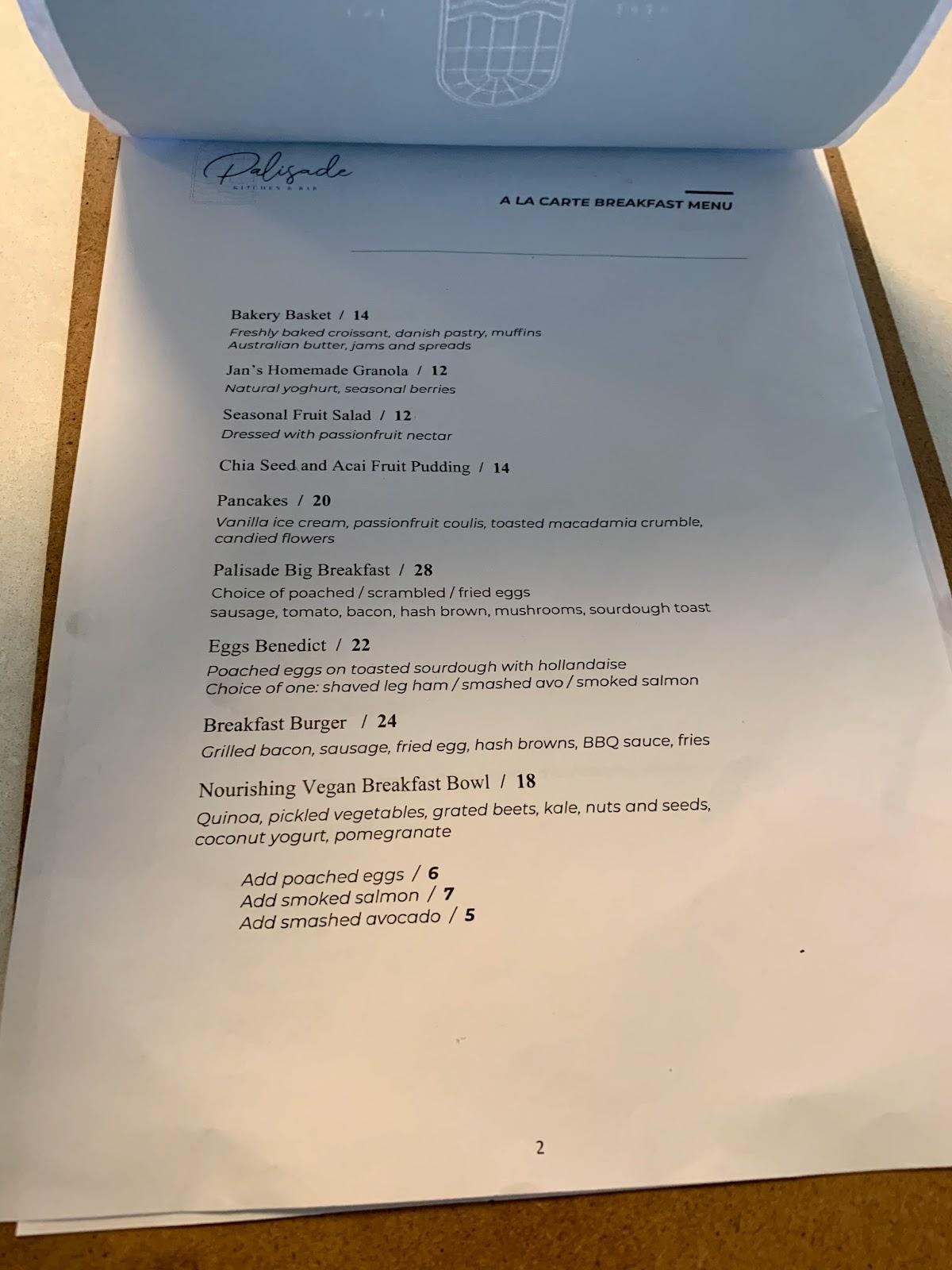 Menu at Palisade Kitchen & Bar, North Wollongong