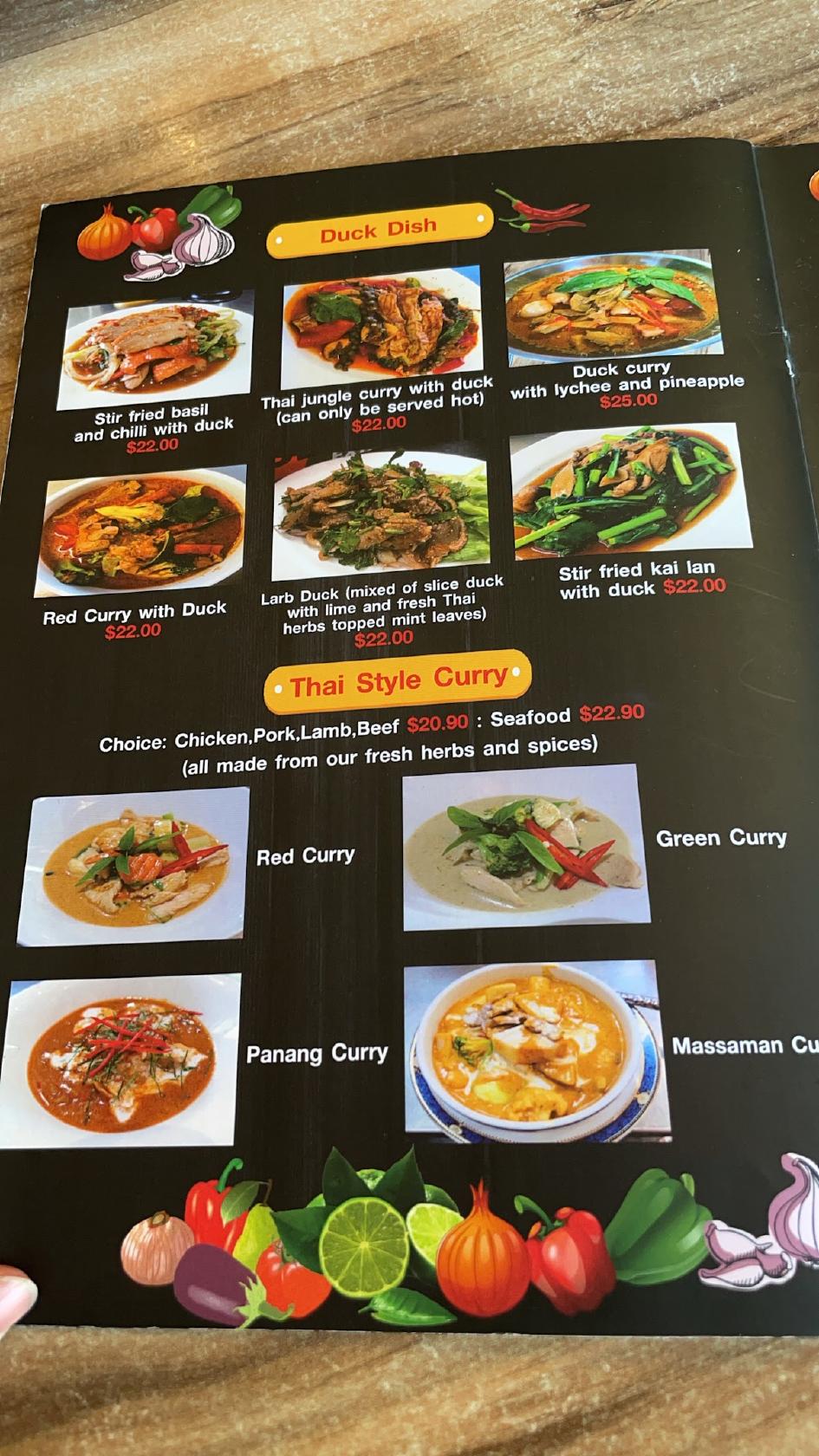Menu at Thai Lemongrass restaurant, Busselton