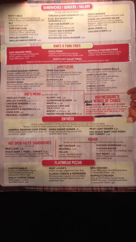 Menu at Tommy Boy's Tavern Inc pub & bar, Waynesburg, 120 Bill George Dr